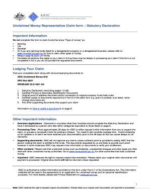 Fillable Online Unclaimed Money Representative Claim form Statutory Declaration Fax Email Print ...