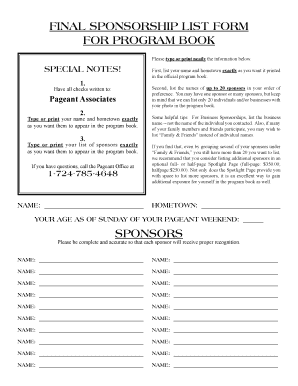 Fillable Online final sponsorship list form for program book sponsors ...