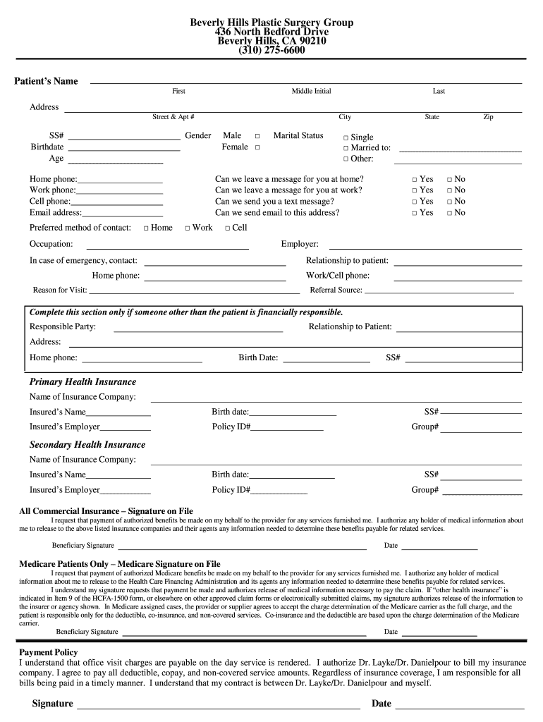 Fillable Online New Patient Form - Beverly Hills Plastic Surgery Group ...