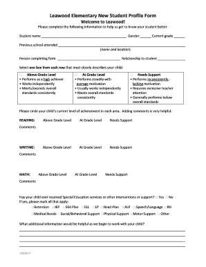 Fillable Online Leawood Elementary New Student Profile Form Fax Email ...
