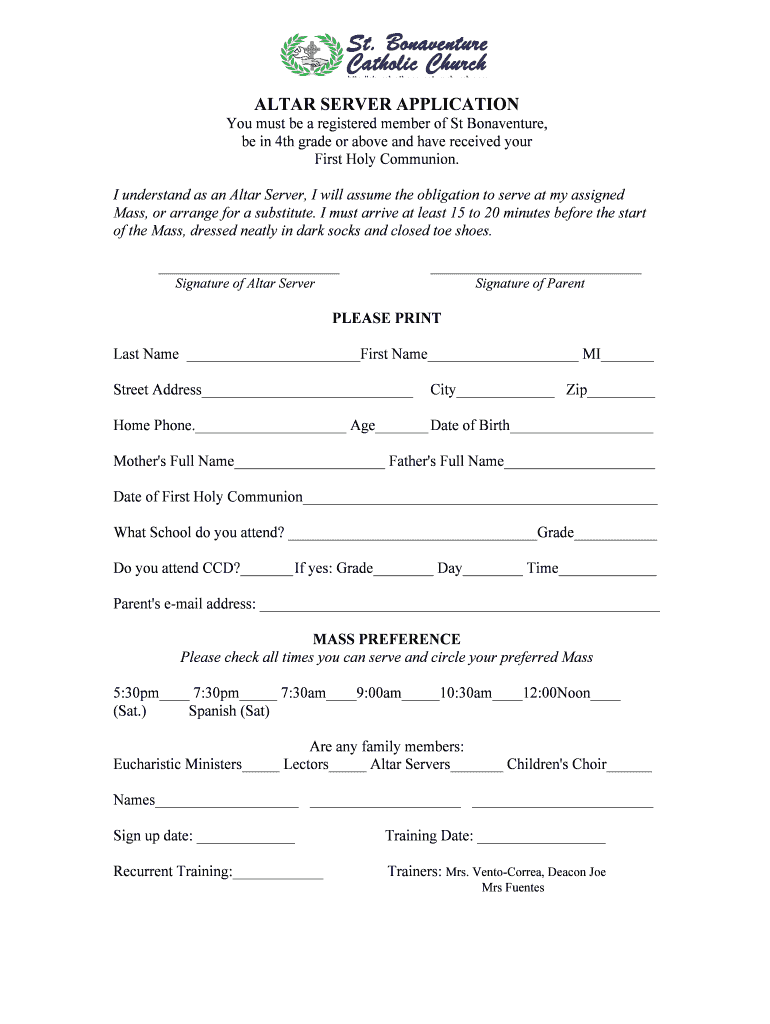 Fillable Online Altar Server Application - St Bonaventure Fax Email ...