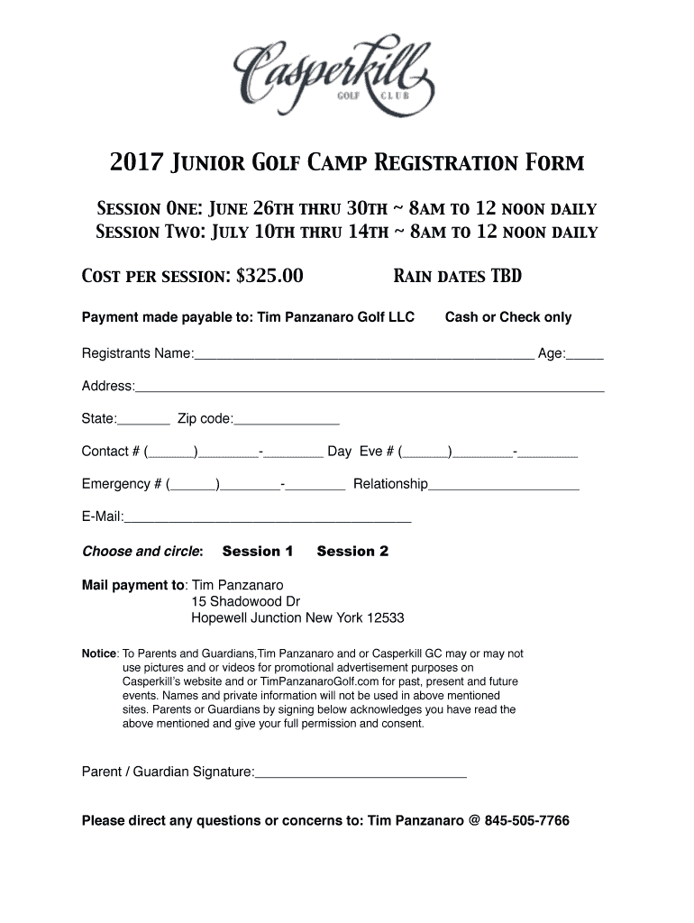 Fillable Online 2017 camp registration form - Casperkill Golf Club Fax ...