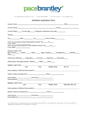 Fillable Online Admission Application Form - Pace Brantley School Fax ...