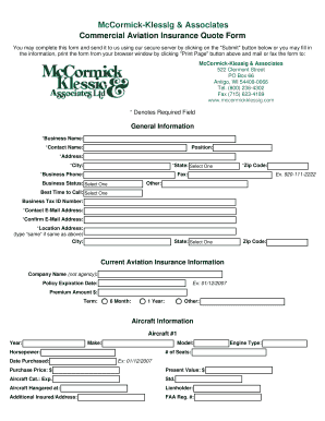 Fillable Online Commercial Aviation Insurance Quote Form Fax Email ...