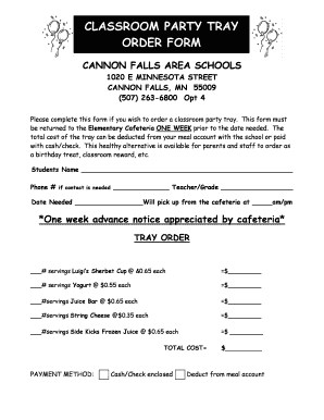 Fillable Online classroom party tray order form - Cannon Falls Area ...