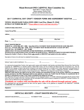 Fillable Online 2017 CARNIVAL DAY CRAFT VENDOR FORM AND AGREEMENT BOOTH ...