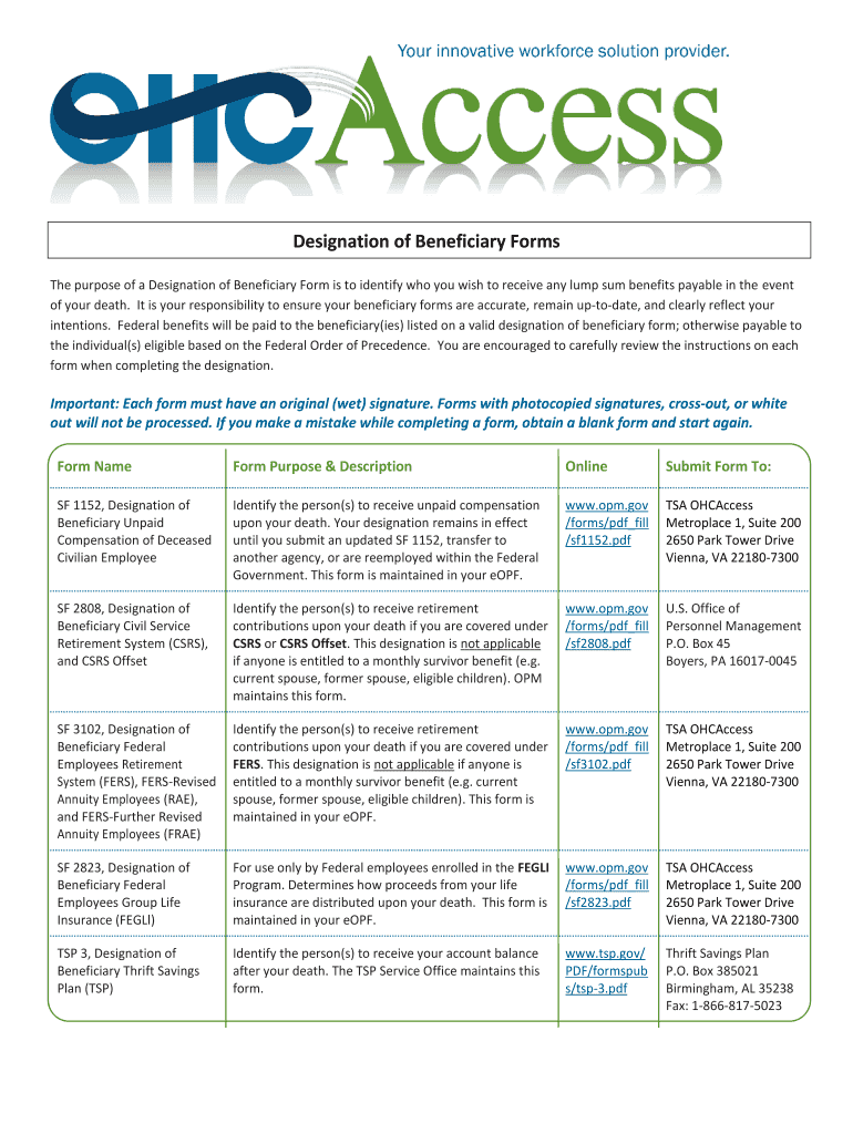 Fillable Online hraccess tsa dhs Designation of Beneficiary Forms ...