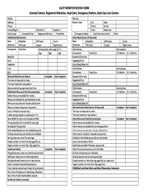 Fillable Online CACFP MONITOR REVIEW FORM Licensed Centers, Registered ...