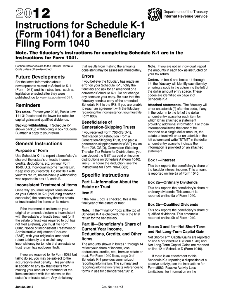 Fillable Online 2012 Instructions for Schedule K-1 (Form 1041) for a ...