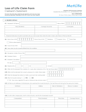 Fillable Online Loss of Life Claim Form. Loss of Life Claim Form ...