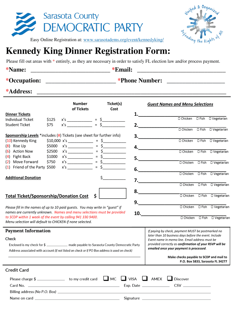 Fillable Online Kennedy King Dinner Registration Form: Fax Email Print ...