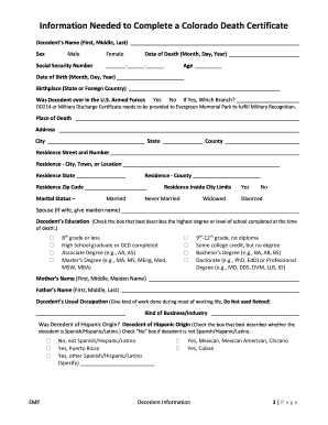 Fillable Online Information Needed to Complete A Colorado Death ...