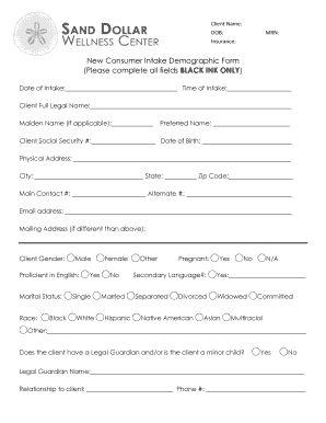 Fillable Online New Consumer Intake Demographic Form (Please Fax Email ...