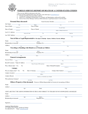 Fillable Online foreign service report of death of a united states ...