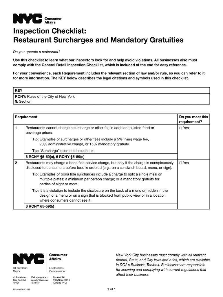 Fillable Online Inspection Checklist: Restaurant Surcharges and ...