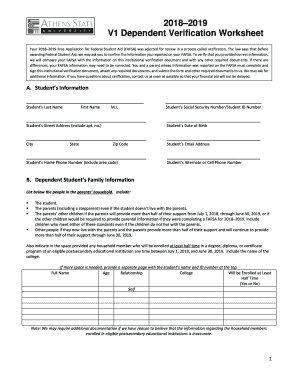 Fillable Online 2018 2019 V1 Dependent Verification Worksheet Fax Email ...