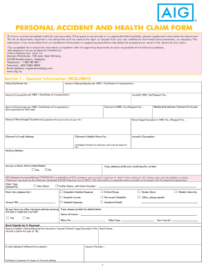 Fillable Online personal accident and health claim form - AIG Malaysia ...