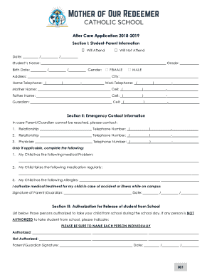 Fillable Online After Care Application 2018-2019 Fax Email Print ...