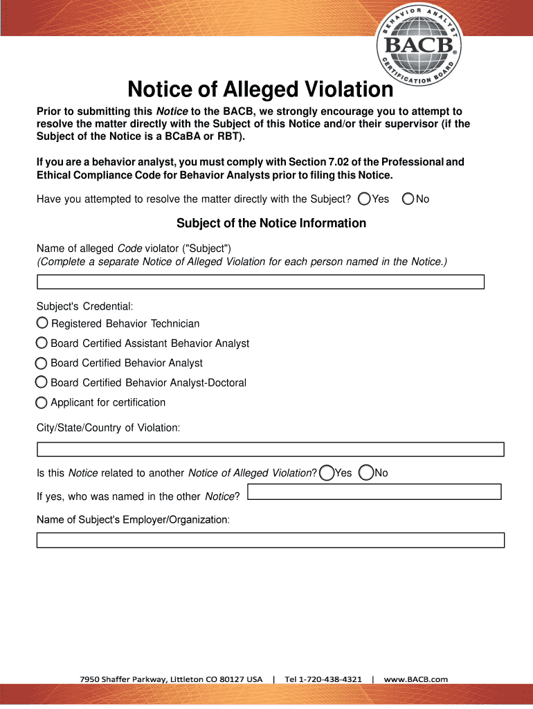 Fillable Online Notice of Alleged Violation - BACB.com Fax Email Print ...
