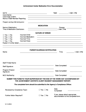 Fillable Online Achievement Center Medication Error Documentation Fax ...