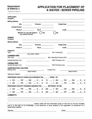 Fillable Online Water and Sewer Application. Water and Sewer Pipeline ...