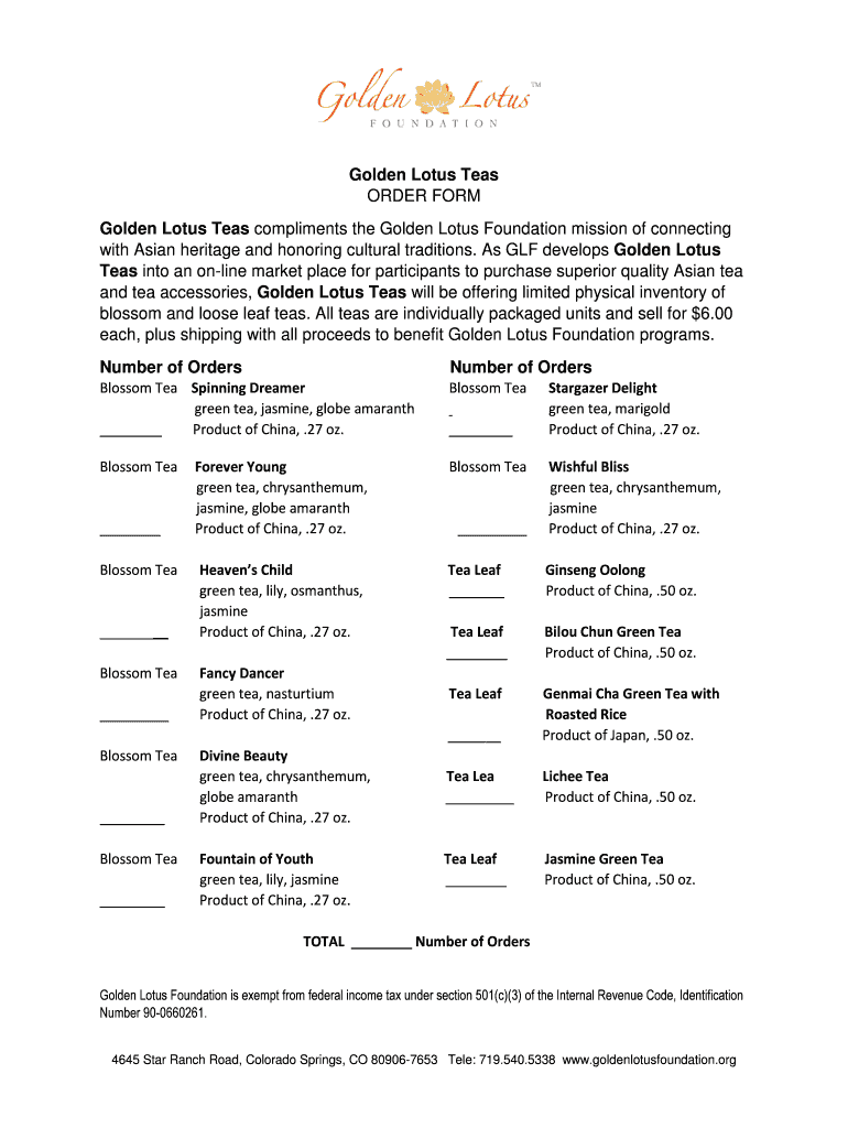 Fillable Online Golden Lotus Tea Order Form - Golden Lotus Foundation ...