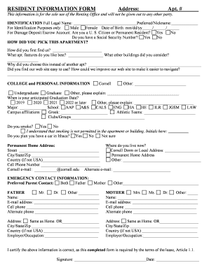 Fillable Online 18-19 Form-Resident Info Form Fax Email Print - pdfFiller