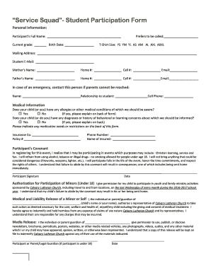 Fillable Online Service Squad- Student Participation Form Fax Email ...