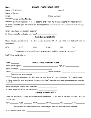 Fillable Online PRIVATE LESSON INTAKE FORM - Red wing Family YMCA Fax ...