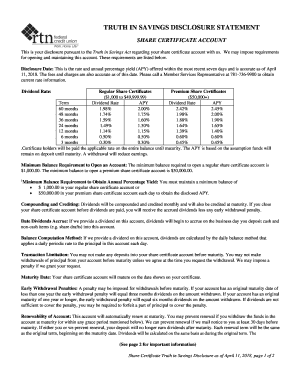 Fillable Online TRUTH IN SAVINGS DISCLOSURE STATEMENT - rtn.org Fax ...