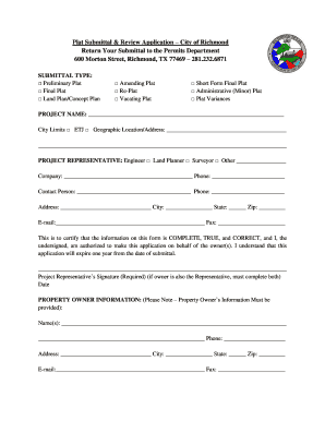 Fillable Online Plat Submittal & Review Application City of Richmond Return Your ... Fax Email ...