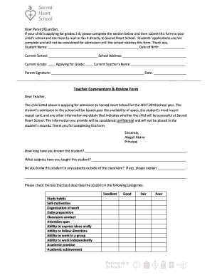 Fillable Online Teacher Commentary & Review Form - Sacred Heart School ...