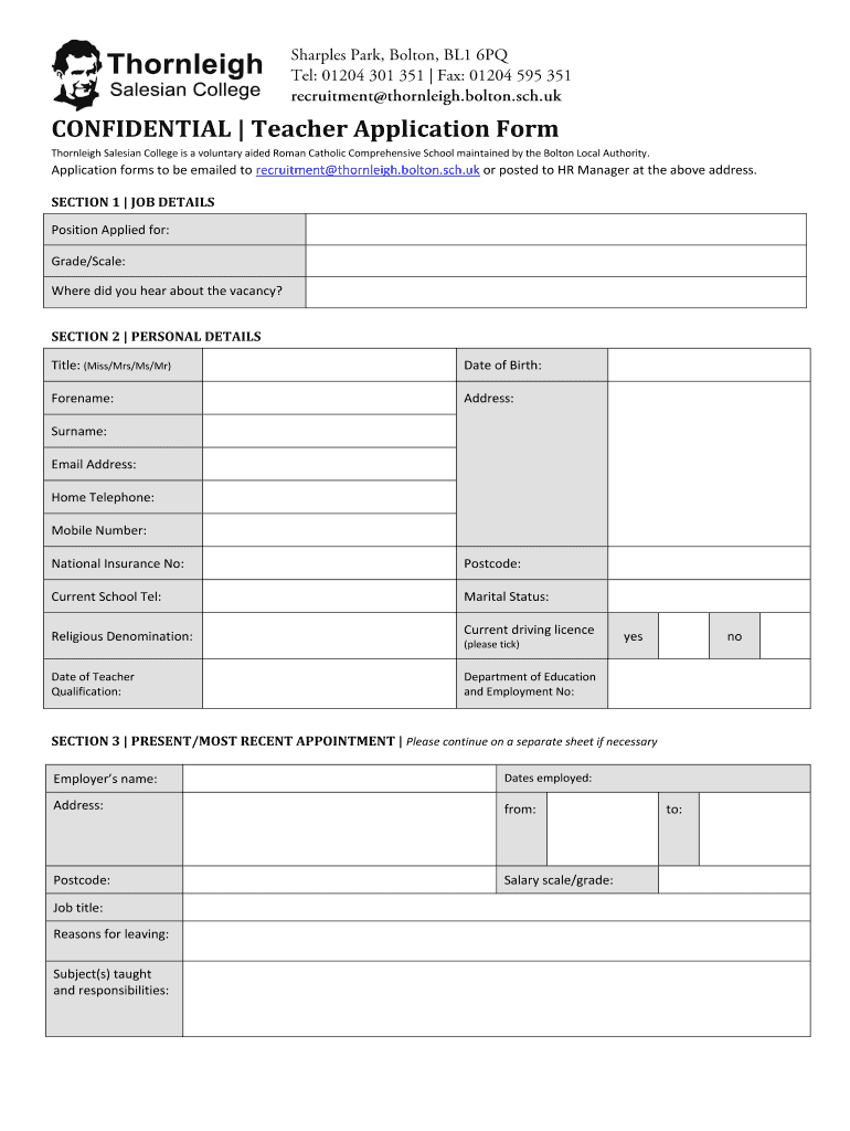 Fillable Online Teacher Application Form - thornleigh.bolton.sch.uk Fax ...