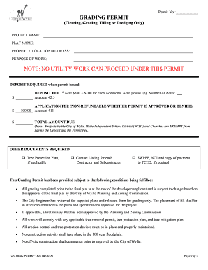 Fillable Online grading permit note: no utility work can proceed under ...