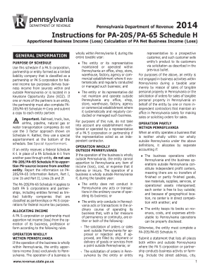 Fillable Online 2014 Instructions for PA-20S/PA-65 Schedule H ...