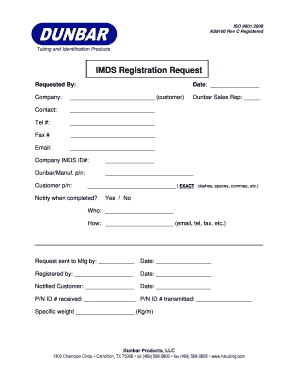 Fillable Online IMDS Registration Request - Dunbar - Tubing and ...