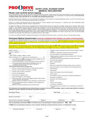 Fillable Online Dive Forms and Medical Information Pro Dive Cairns ...