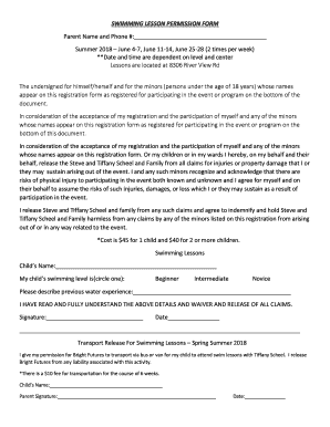 Fillable Online SWIMMING LESSON PERMISSION FORM Fax Email Print - pdfFiller