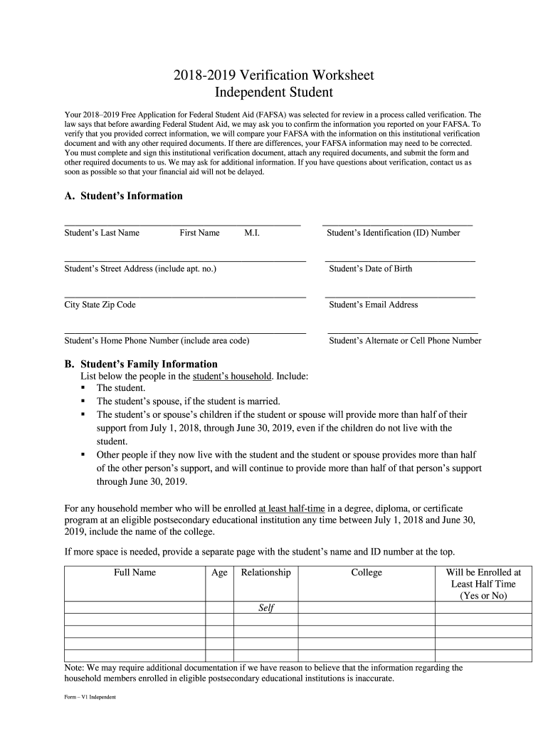 Verification Worksheet Independent Student Fafsa Aid Blank Fill 