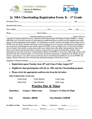 Fillable Online NBA Cheerleading Registration Form: K 1st Grade Fax ...
