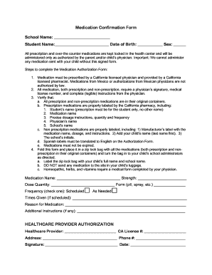 Fillable Online Medication Confirmation Form School Name: Student Name ...