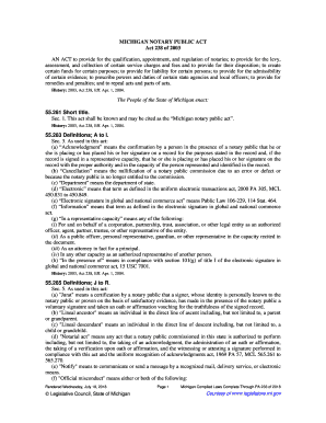 Fillable Online MICHIGAN NOTARY PUBLIC ACT Act 238 of 2003 AN ACT to ...