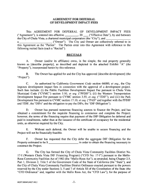Fillable Online AGREEMENT FOR DEFERRAL OF DEVELOPMENT IMPACT FEES ...