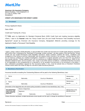 Fillable Online MetLife Insurance Enrollment Form for Credit Card ...