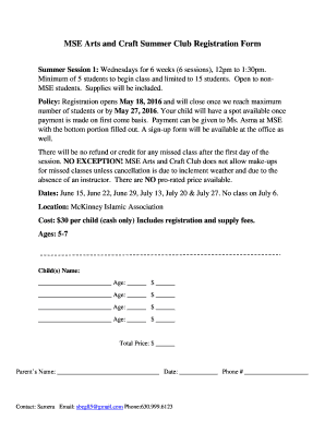 Fillable Online MSE Arts and Craft Summer Club Registration Form Fax ...