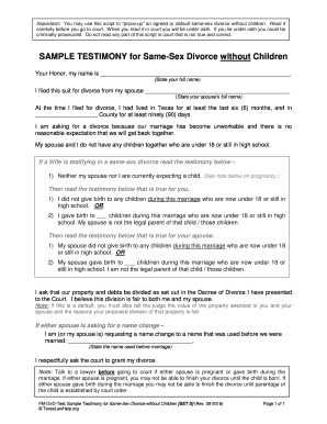 Fillable Online SAMPLE TESTIMONY FOR DIVORCE WITHOUT CHILDREN. Divorce ...