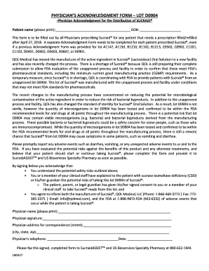 Fillable Online PHYSICIANS ACKNOWLEDGMENT FORM LOT D0904 Fax Email ...