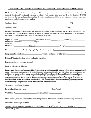 Fillable Online Authorization to Assist Competent Student With Self ...