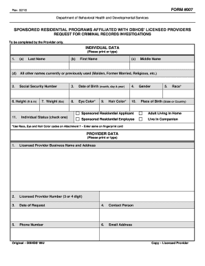 Fillable Online dbhds virginia form #007 sponsored residential programs ...