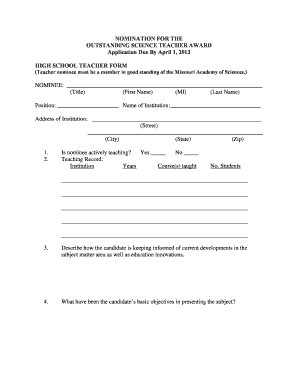 Fillable Online High School Teacher Nomination Form - Missouri Academy ...